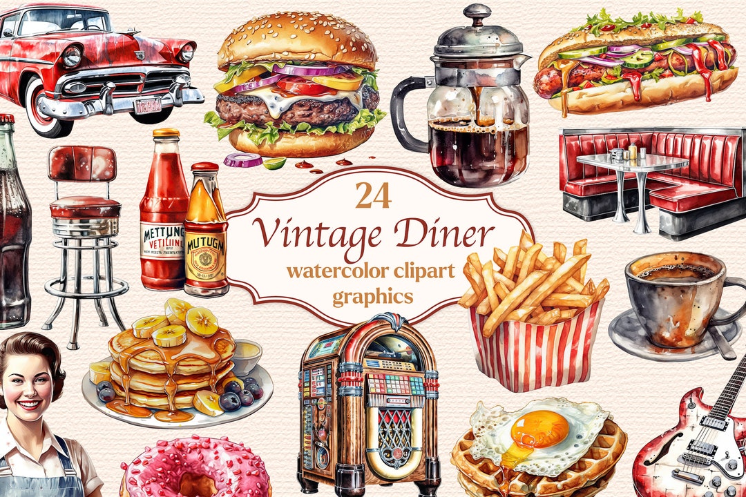 Vintage Diner Clipart, Restaurant, Food and Drinks, Watercolor ...