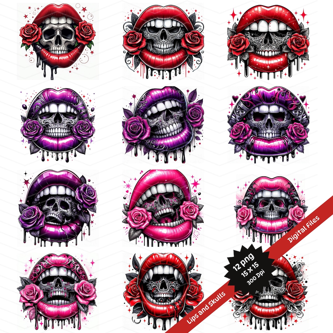 Gothic Lips and Skulls PNG: Halloween Digital Art (15x15 In, 300 DPI ...