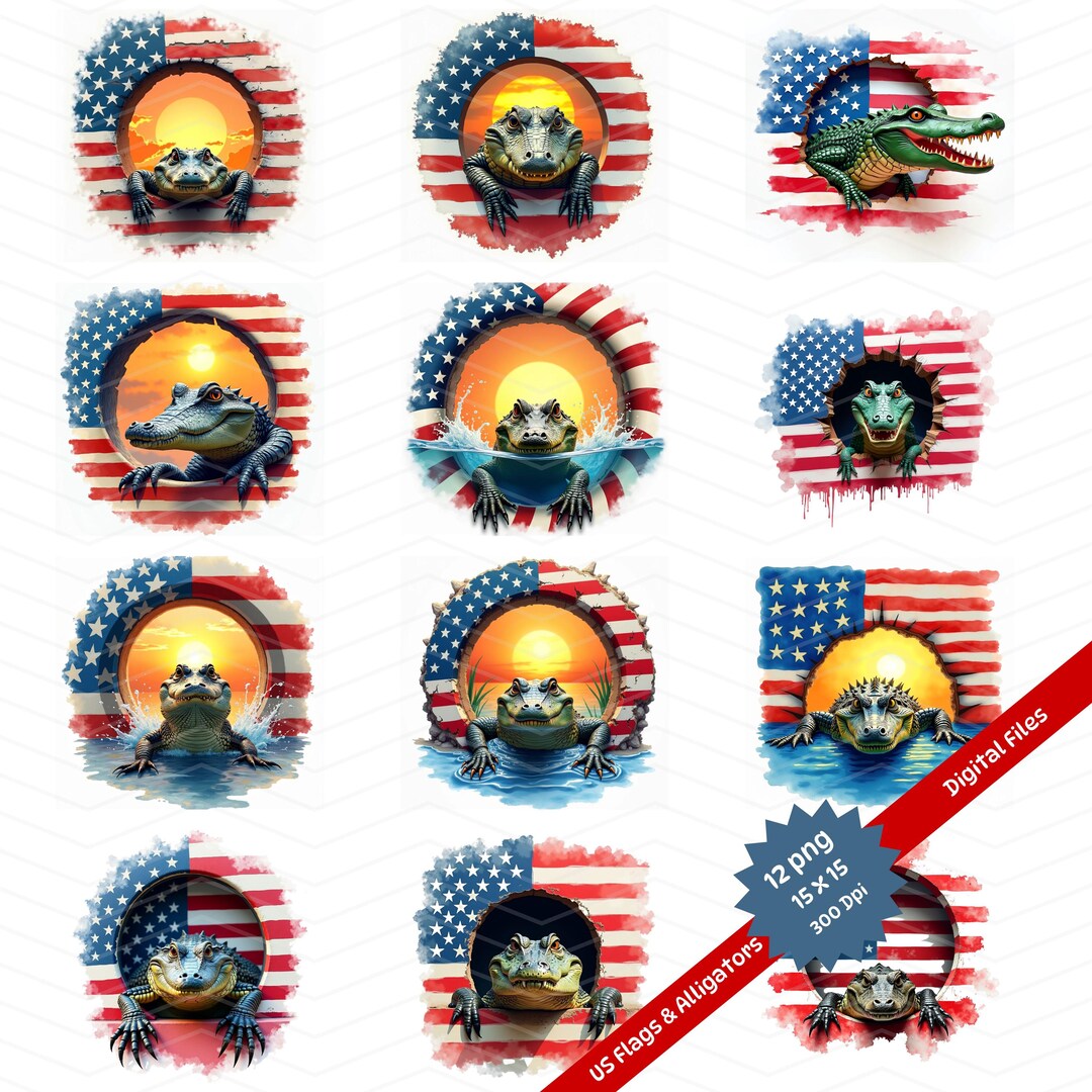 Patriotic Alligator PNG Bundle: USA Flag Gator Designs (digital ...
