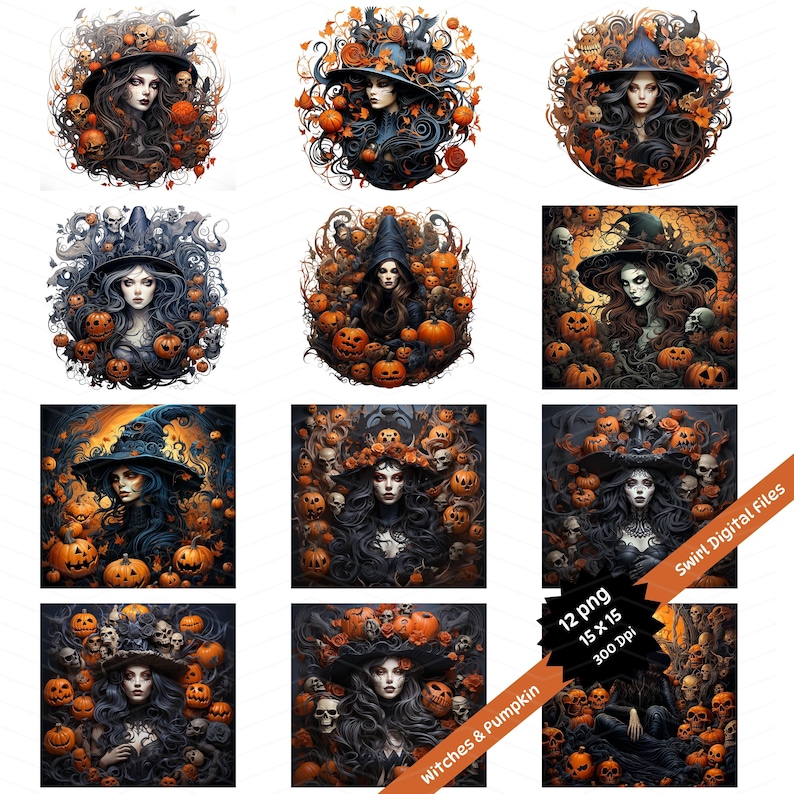 Witch and Pumpkin Halloween PNG Bundle: Gothic Wiccan Art (digital ...