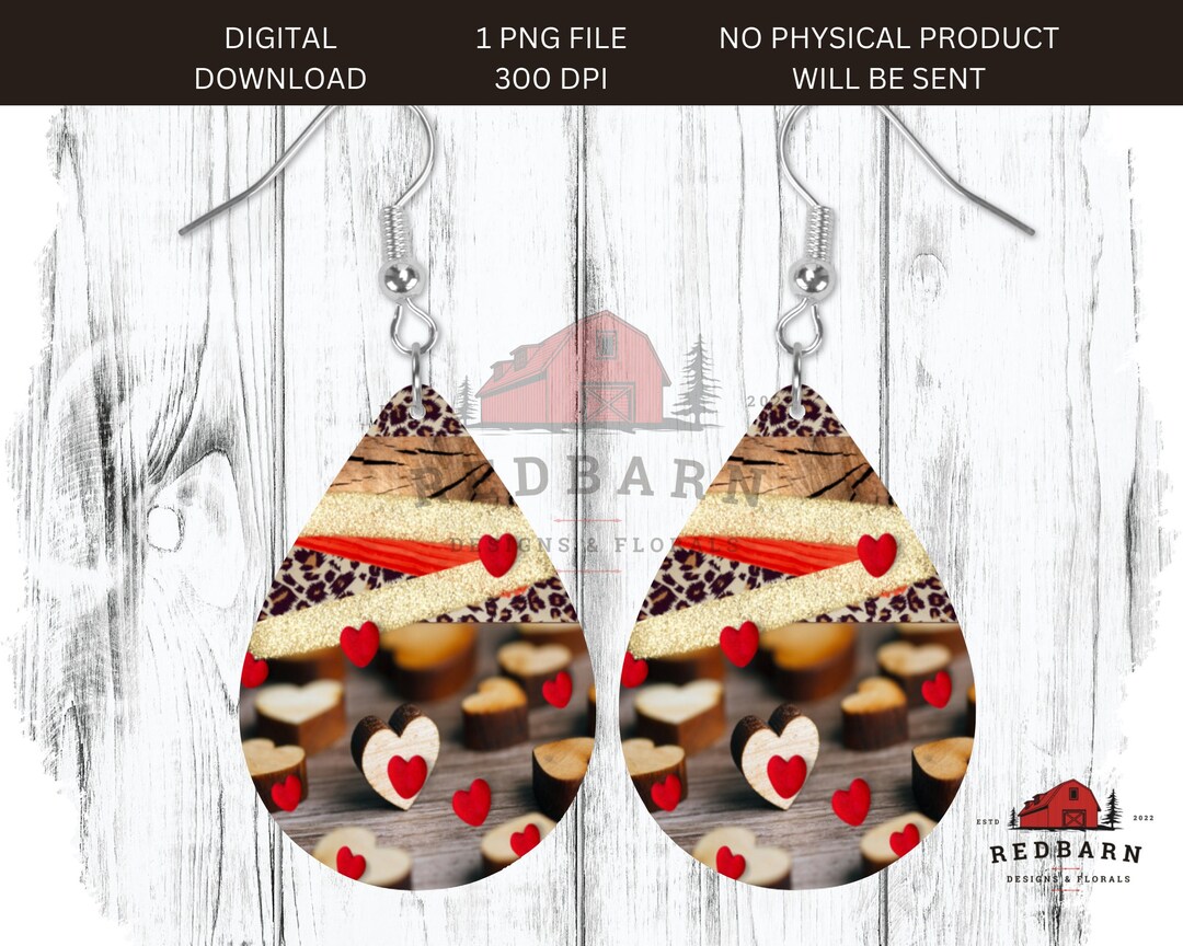 Rustic Wooden Hearts Earring Design, Teardrop Earring PNG, Digital File ...