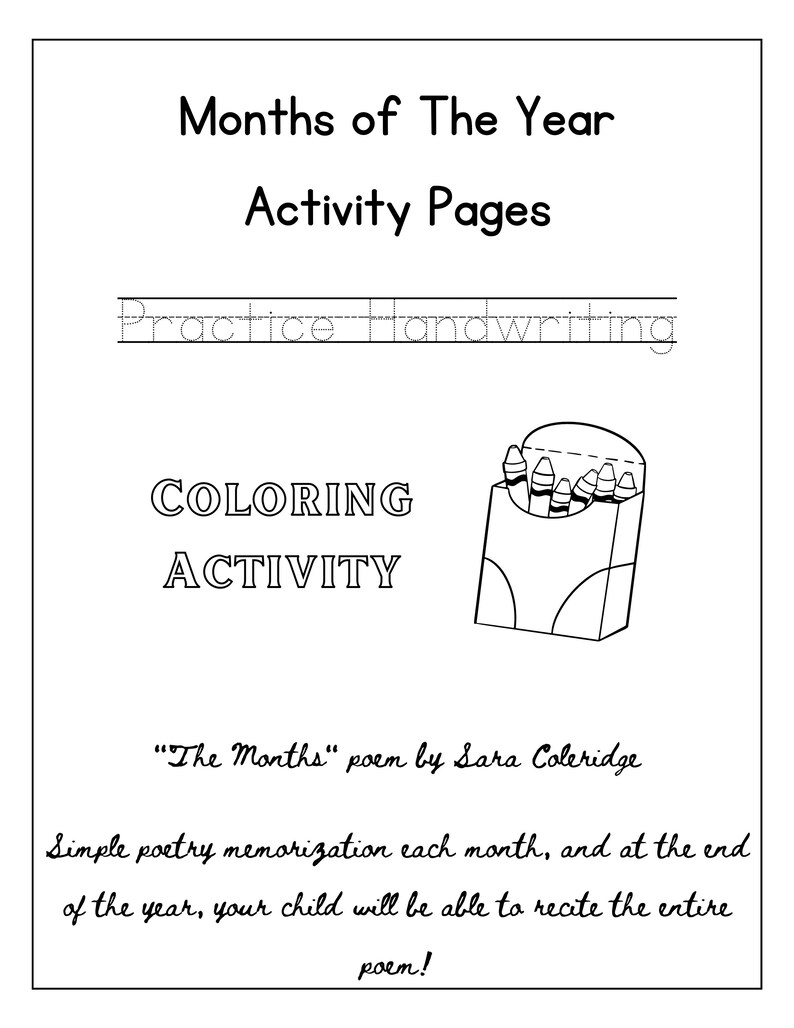 Months of the Year Handwriting Coloring Poetry Activity Pages Download ...