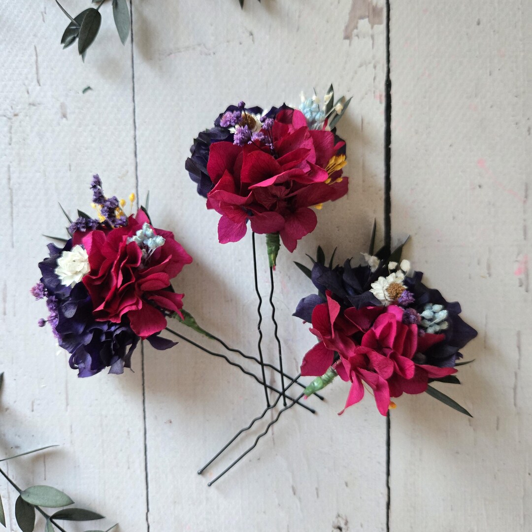Dark Purple Dried Flower Hair Pins: Handmade Wedding Hair Piece - Etsy