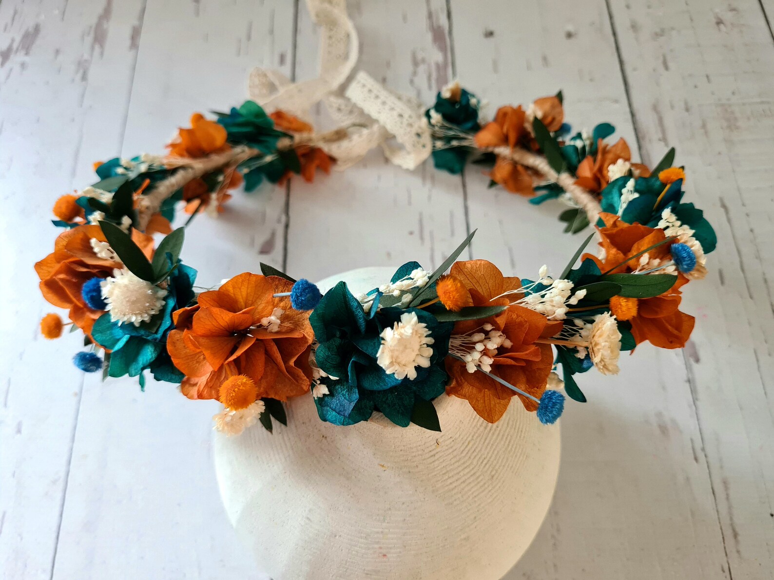 Boho Teal Orange Flower Crown:rustic Autumn Bridal Headpiece,woodland ...