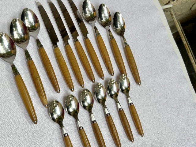 Eme Inox Cutlery Set, 16 Piece, Faux Woodlike Handle, Stainless Steel ...