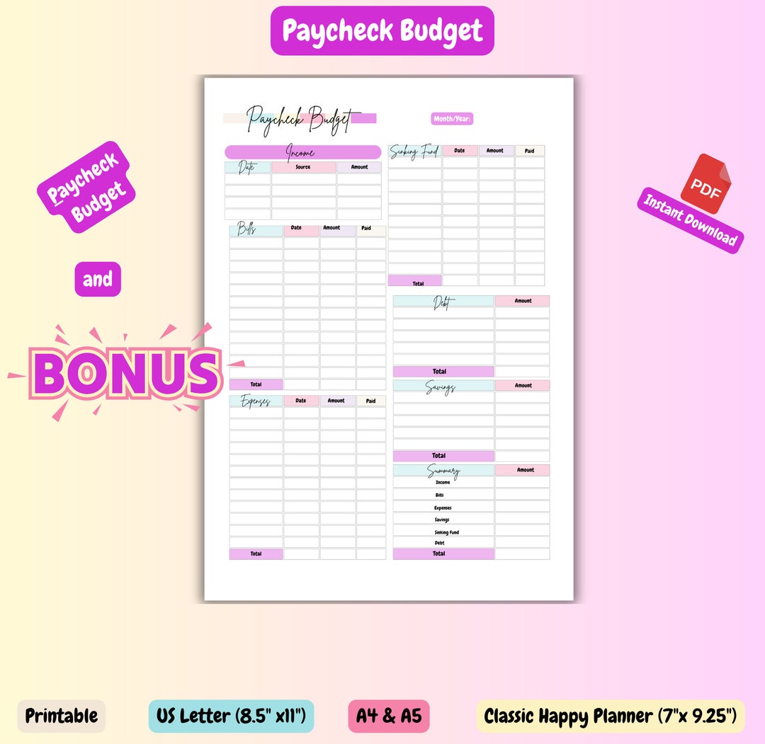 Paycheck Budget Planner, Paycheck Template, PDF Printable Budget ...
