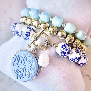 Blue Amalfi Coast Charm Bracelet Stack, Majolica Tile Pendant, Capri ...