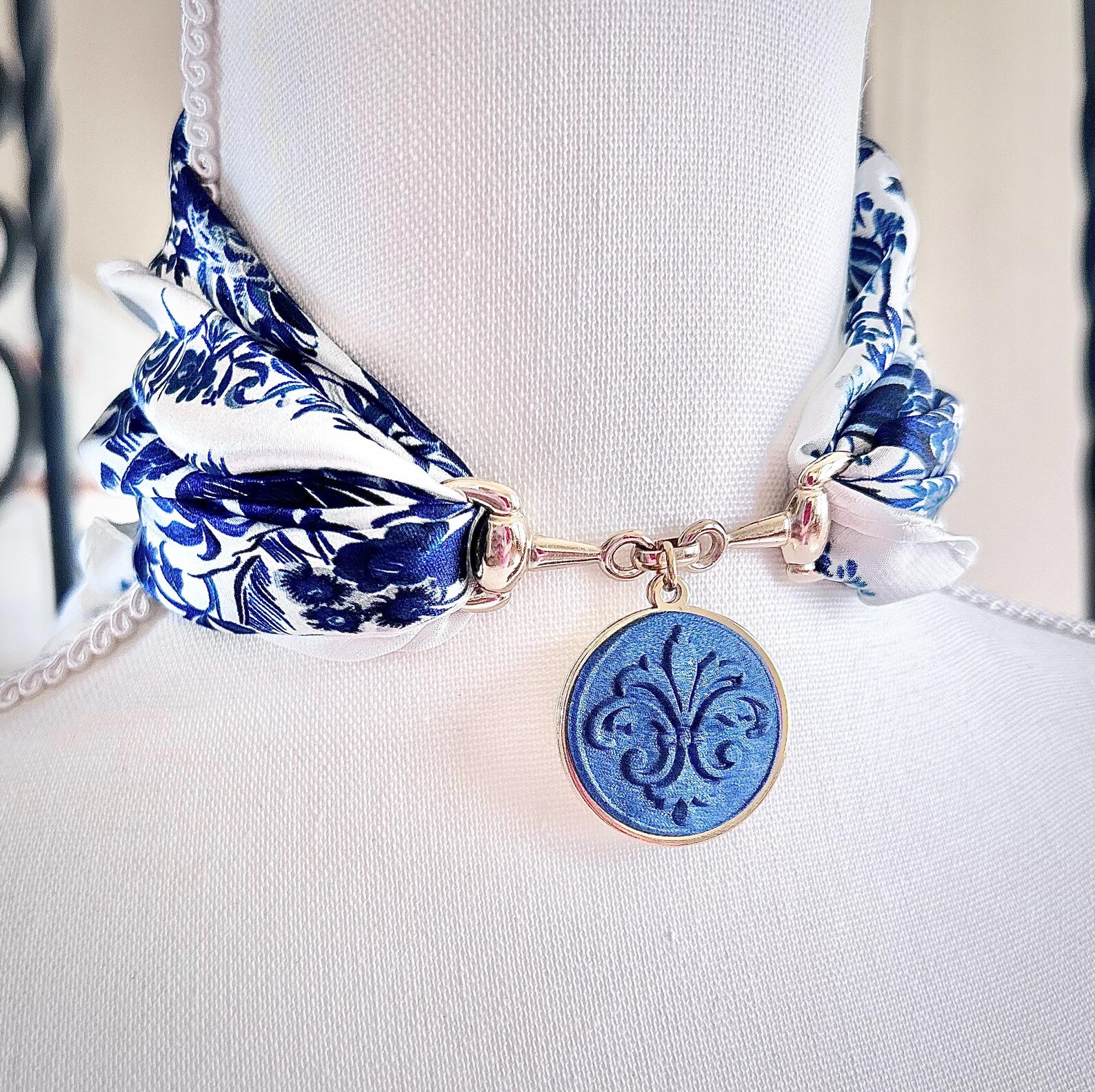 Silk Foulard With Gold Horsebit Buckle Scarf Ring & Handcrafted Clay ...