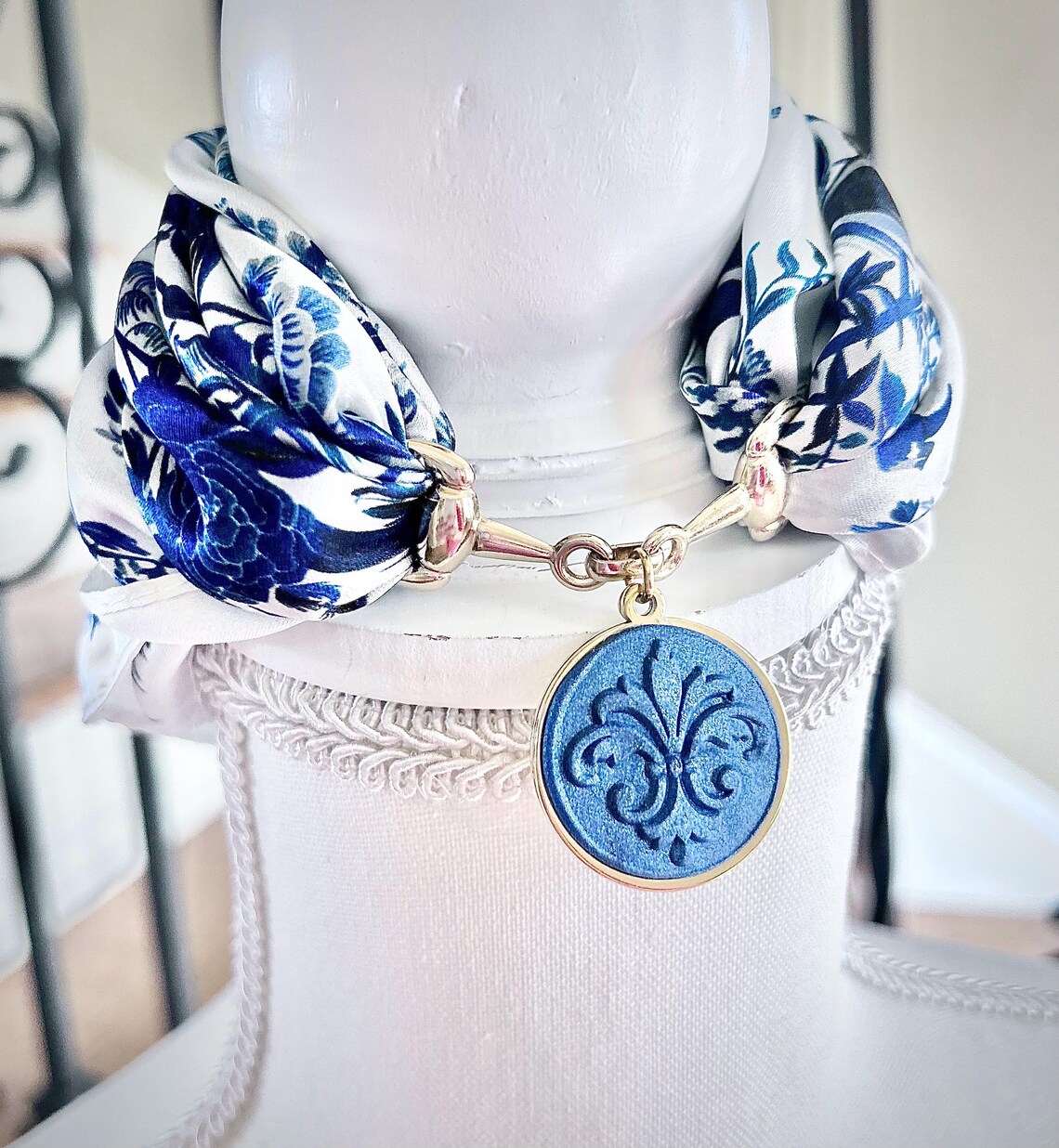 Silk Foulard With Gold Horsebit Buckle Scarf Ring & Handcrafted Clay ...