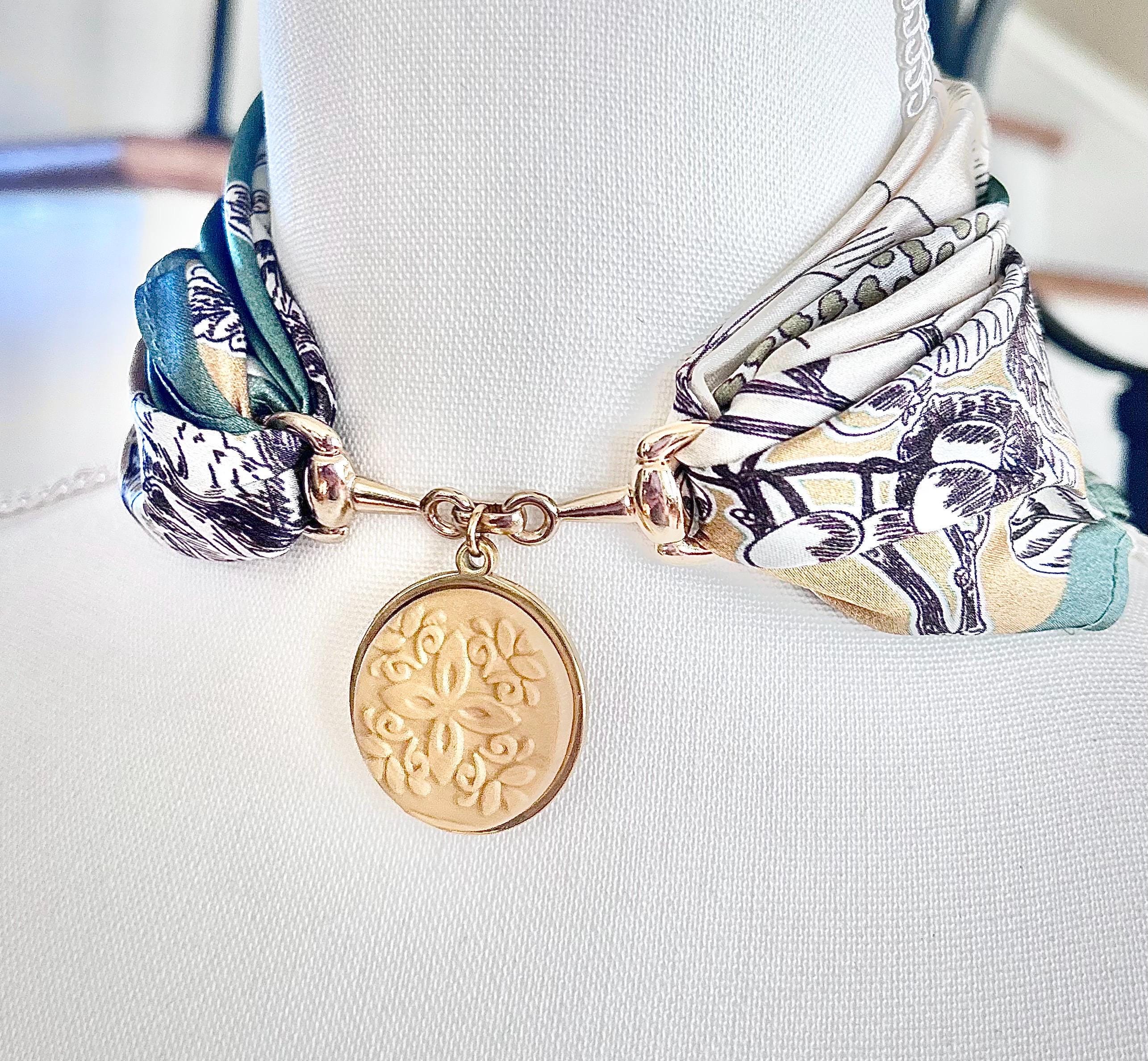 Silk Foulard With Gold Horsebit Buckle Scarf Ring & Handcrafted Clay ...