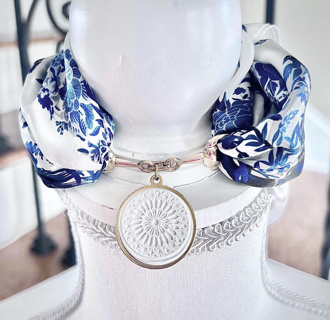 Silk Foulard With Gold Horsebit Buckle Scarf Ring & Handcrafted Clay ...