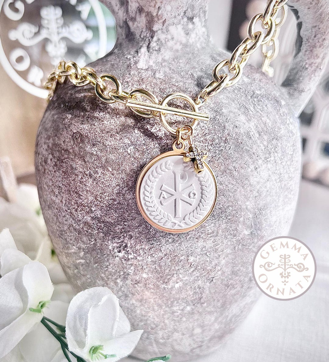 Christianity Chi Rho Symbol Pendant Necklace - Gold Toggle Chain, Cross ...