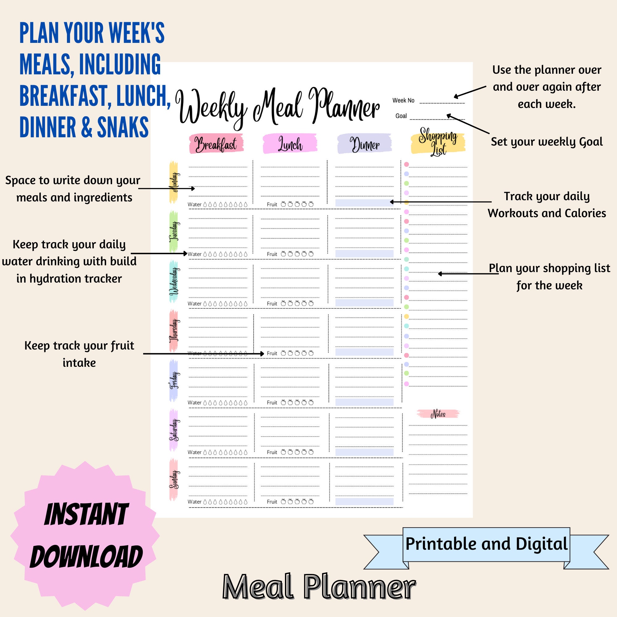 Printable Weekly Meal Planner Template & Daily Food Tracker With a ...