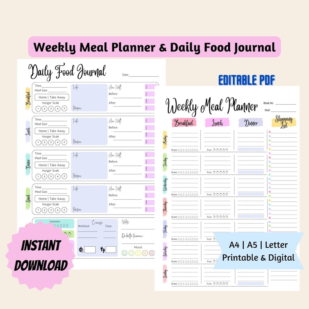 Digital Weekly Meal Planner Printable, Digital Meal Planning Template ...