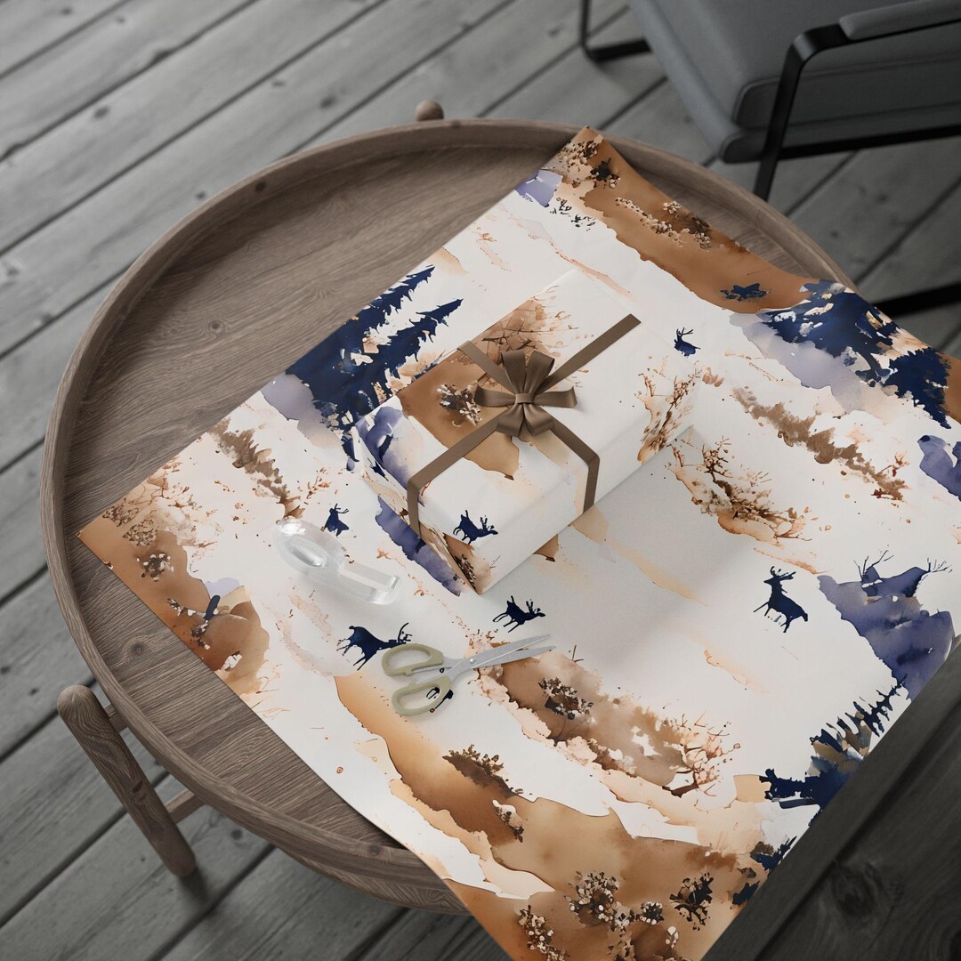 Watercolor Winter Landscape Wrapping Paper | Deer Forest Holiday Paper ...