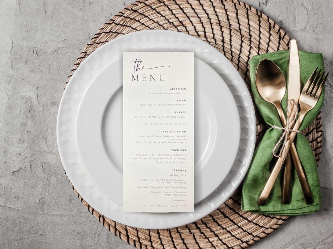 Slim Paper Menu Card Minimalist Wedding Menu Card Fully Personalized ...