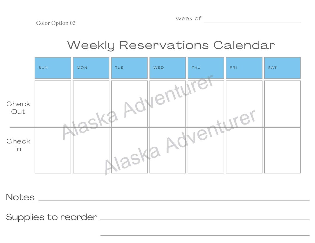 Short Term Rental Weekly Reservation Calendar Light Blue Blank ...