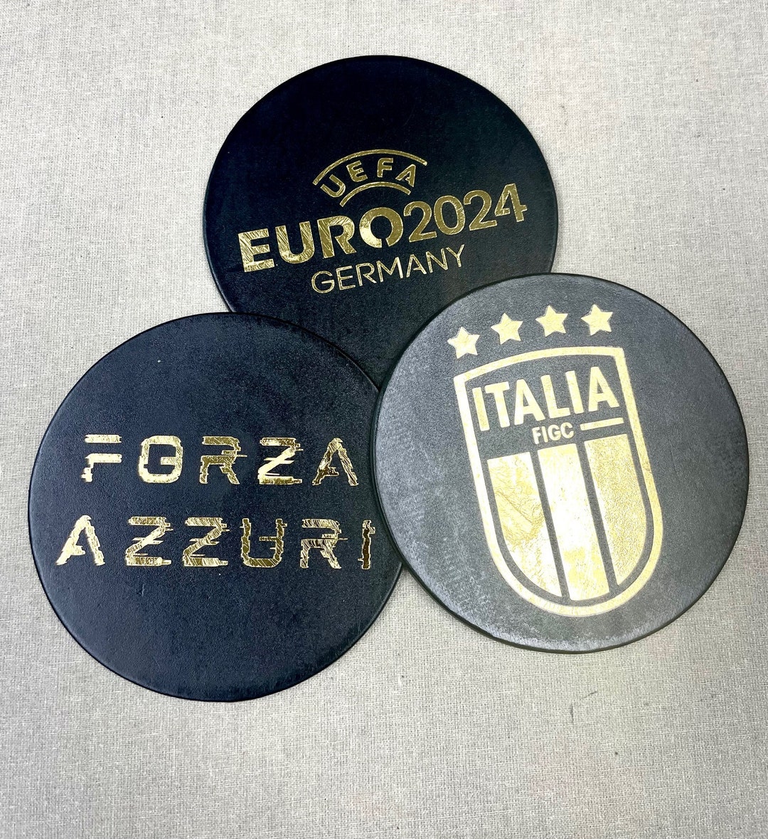 Euro Cup Italia UEFA 2024 Black and Gold Leather Coasters Football ...