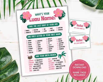 What's Your Luau Name Game Name Tags, Hawaiian Party Game, Tropical ...