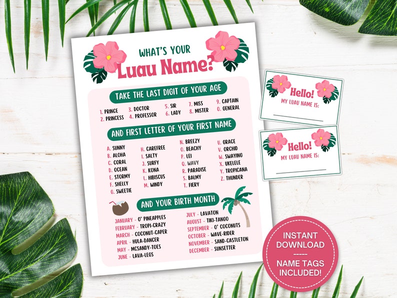 What's Your Luau Name Game With Name Tags, Hawaiian Party Game ...