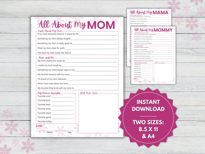 All About My Mom, Mothers Day Printable, All About Mom Printable ...