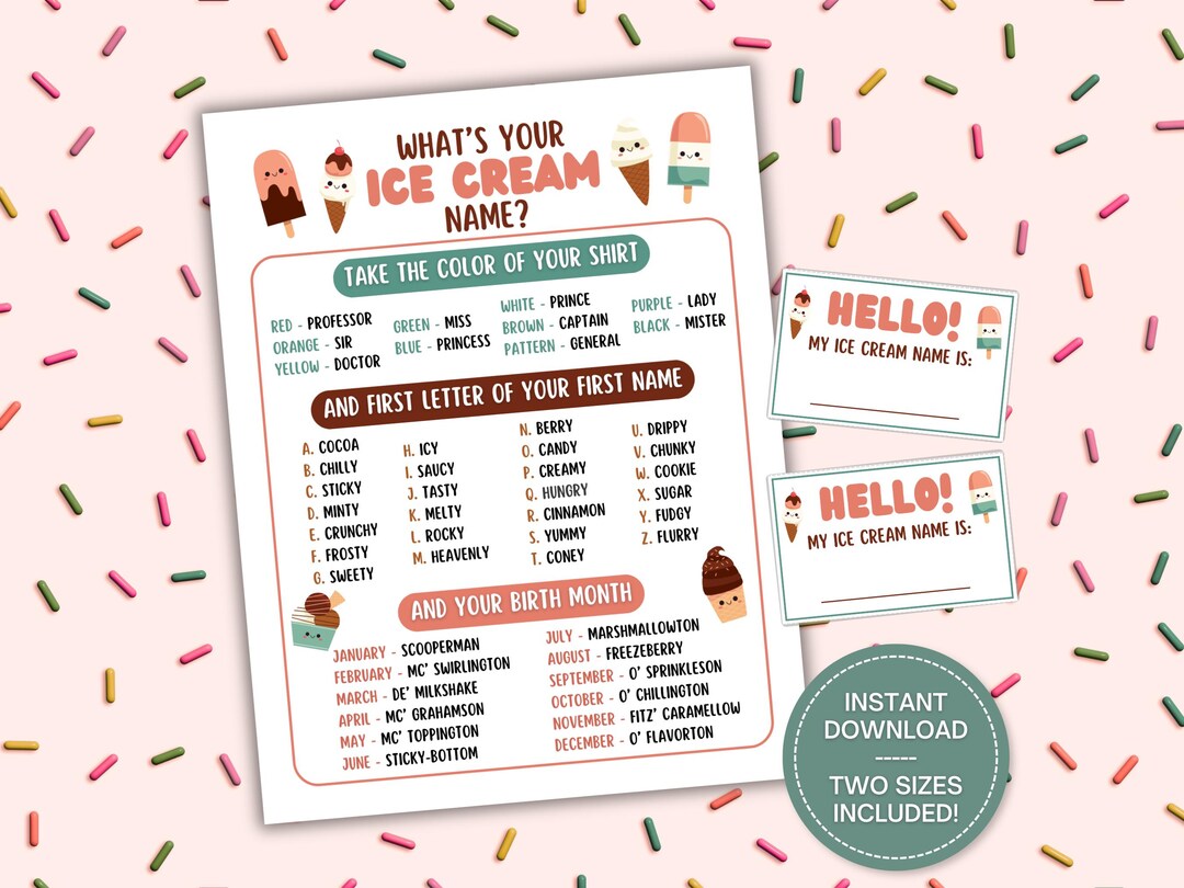 What's Your Ice Cream Name Game + Name Tags, Ice Cream Party, Ice Cream ...