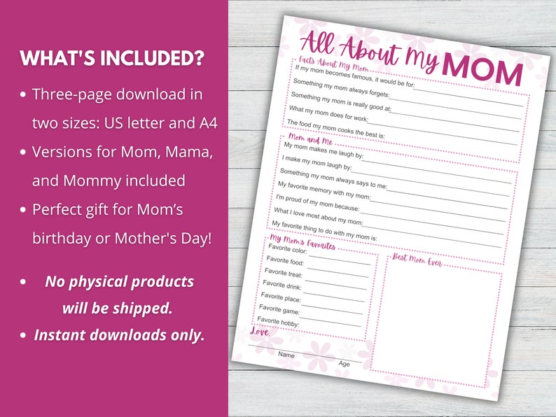 All About My Mom, Mothers Day Printable, All About Mom Printable ...