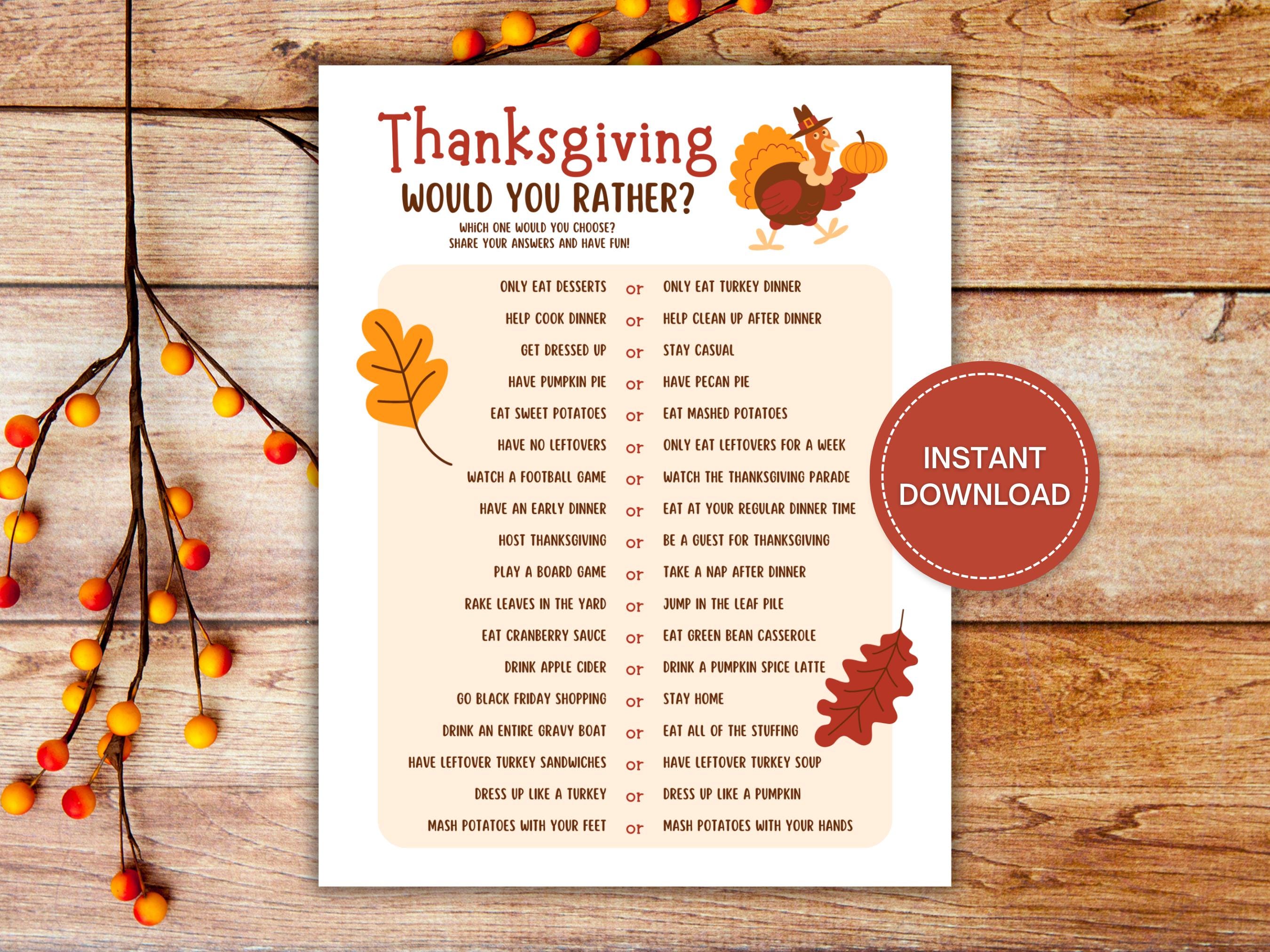 Thanksgiving would you rather Game, Fall This or That, Printable ...