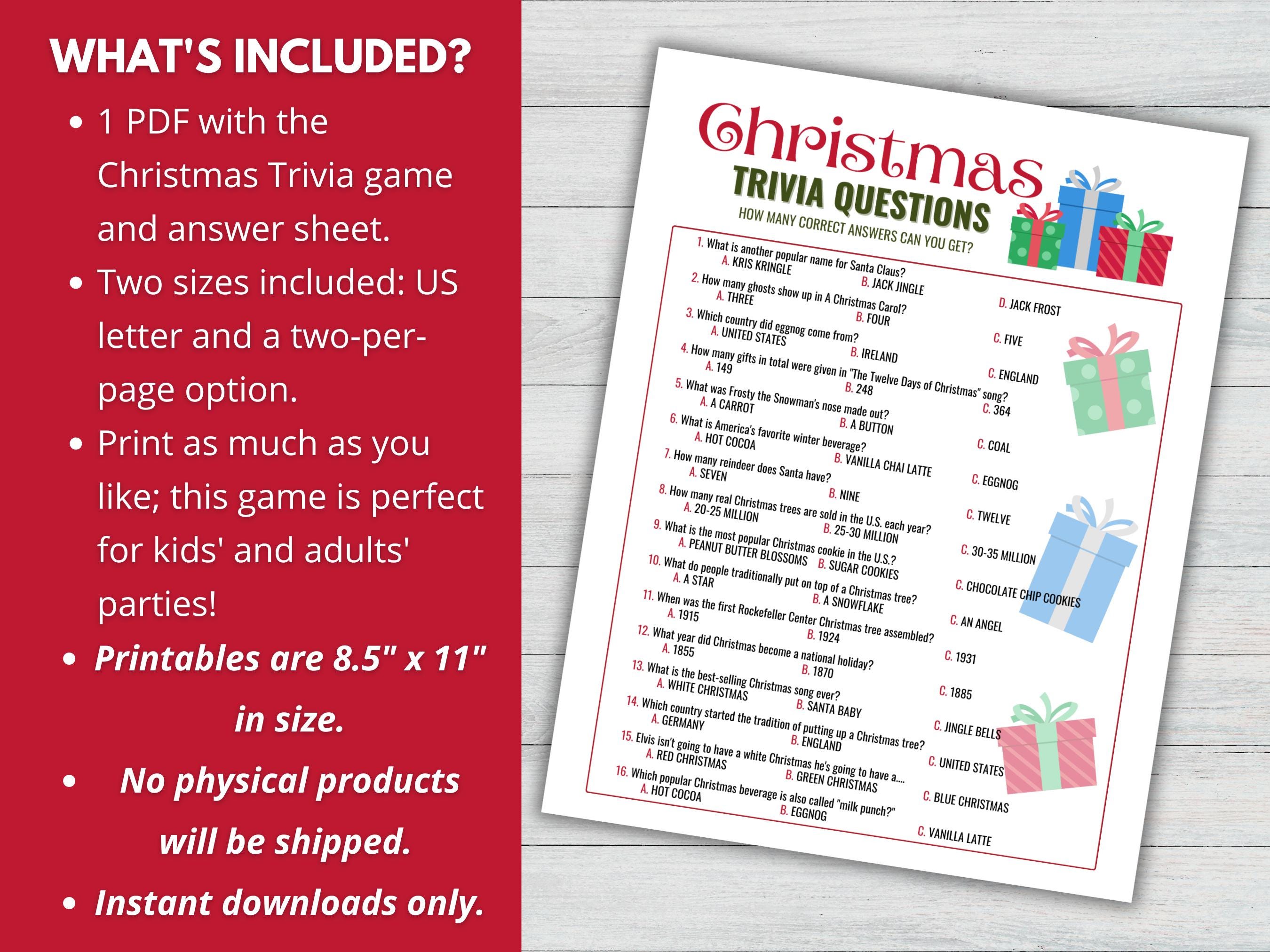 Christmas Trivia Game, Christmas Party Games, Printable Holiday Trivia ...