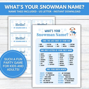 What's Your Snowman Name Game With Name Tags, Christmas Game, Christmas ...