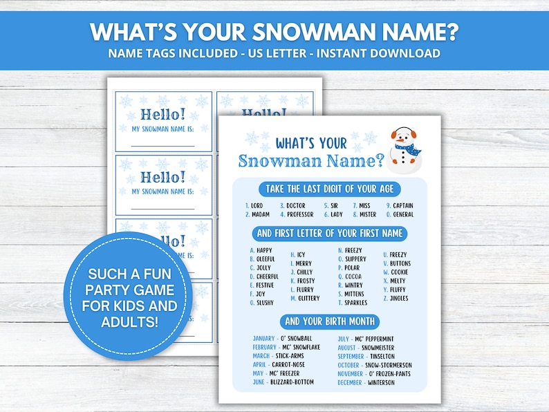 What's Your Snowman Name Game With Name Tags, Christmas Game, Christmas ...