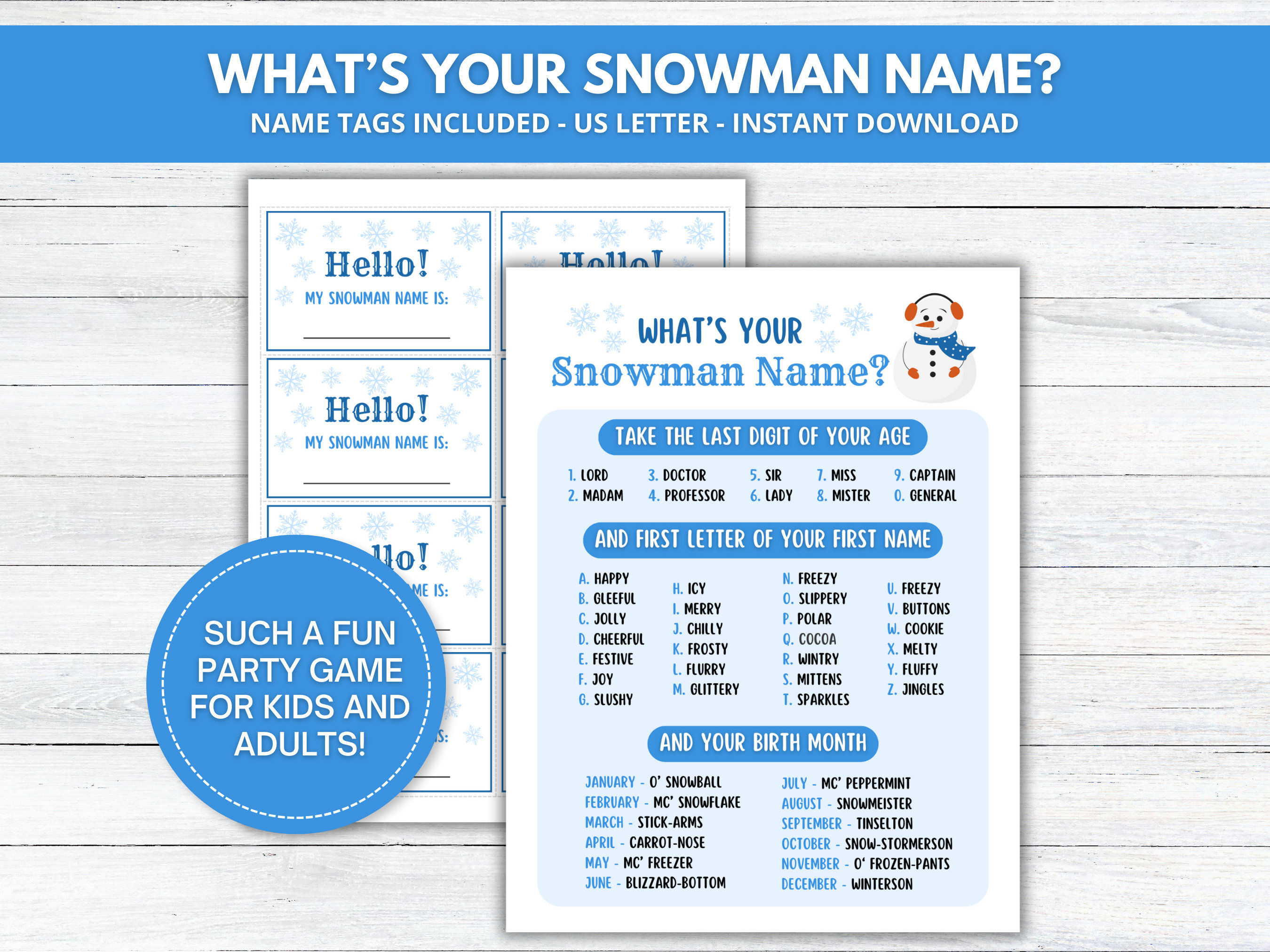 What's Your Snowman Name Game With Name Tags, Christmas Game, Christmas ...