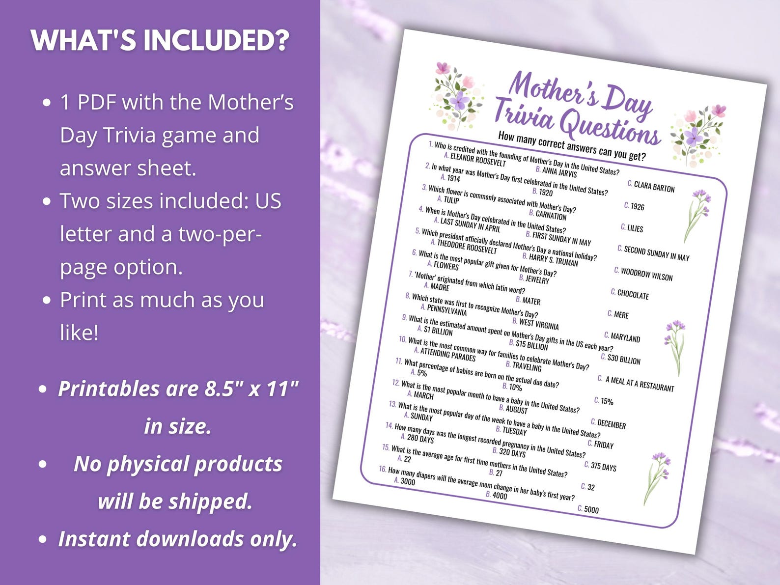Mother's Day Trivia Game, Printable Mothers Day Quiz, Mothers Day Party ...