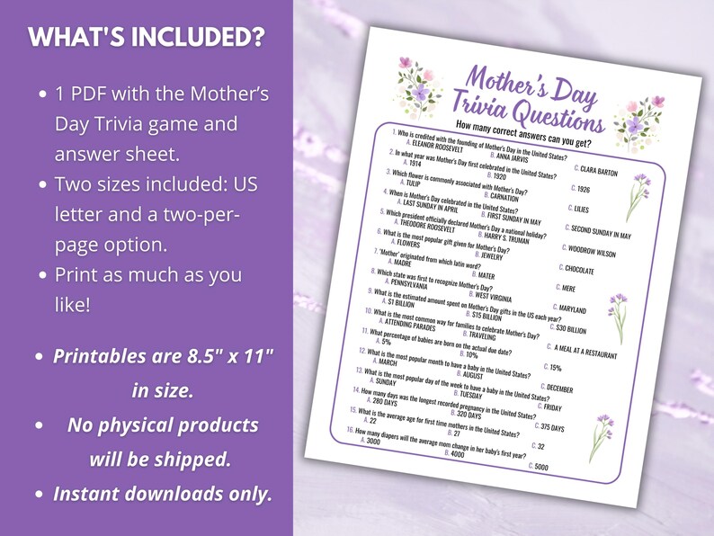 Mother's Day Trivia Game, Printable Mothers Day Quiz, Mothers Day Party ...
