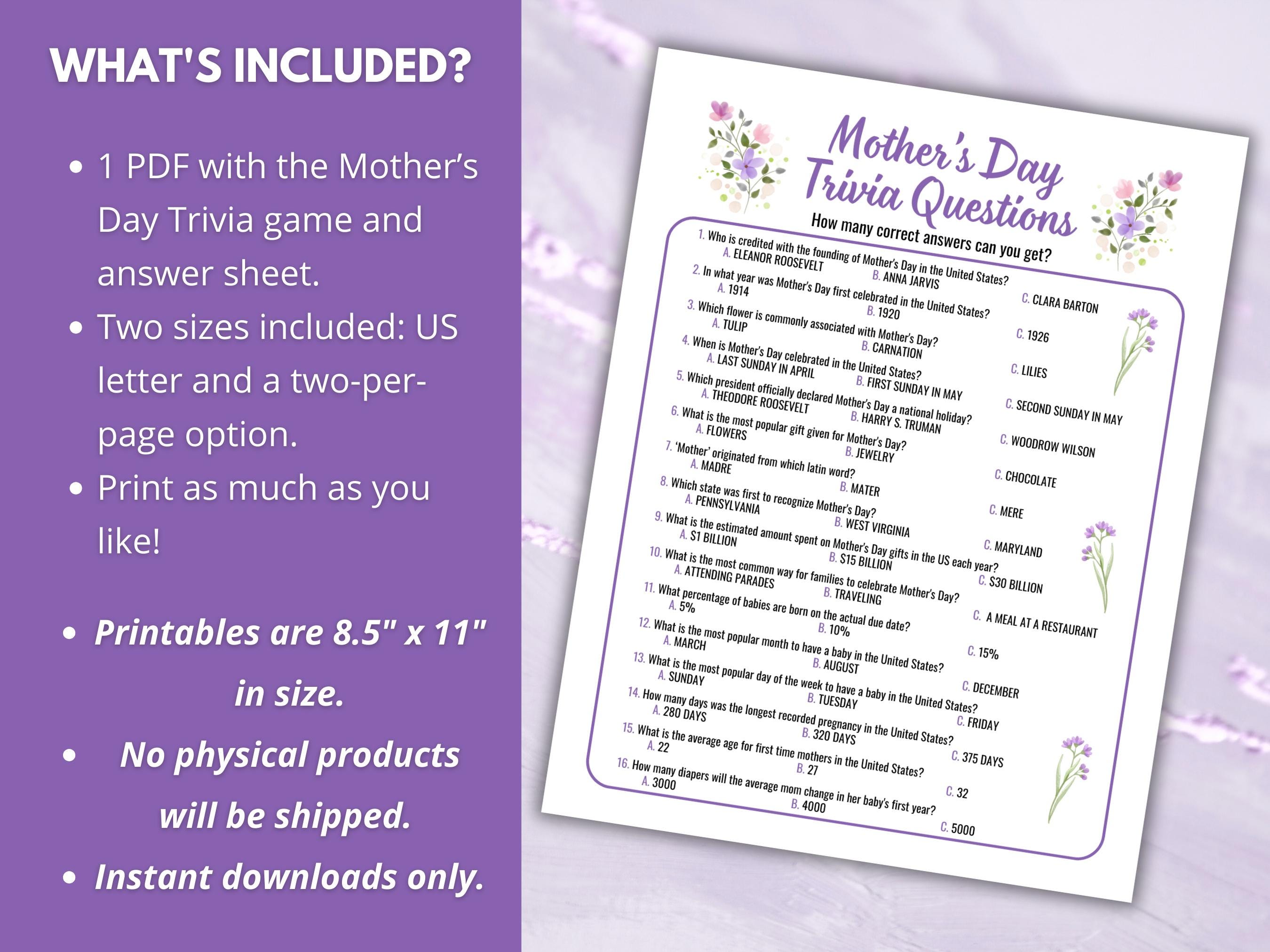 Mother's Day Trivia Game, Printable Mothers Day Quiz, Mothers Day Party ...
