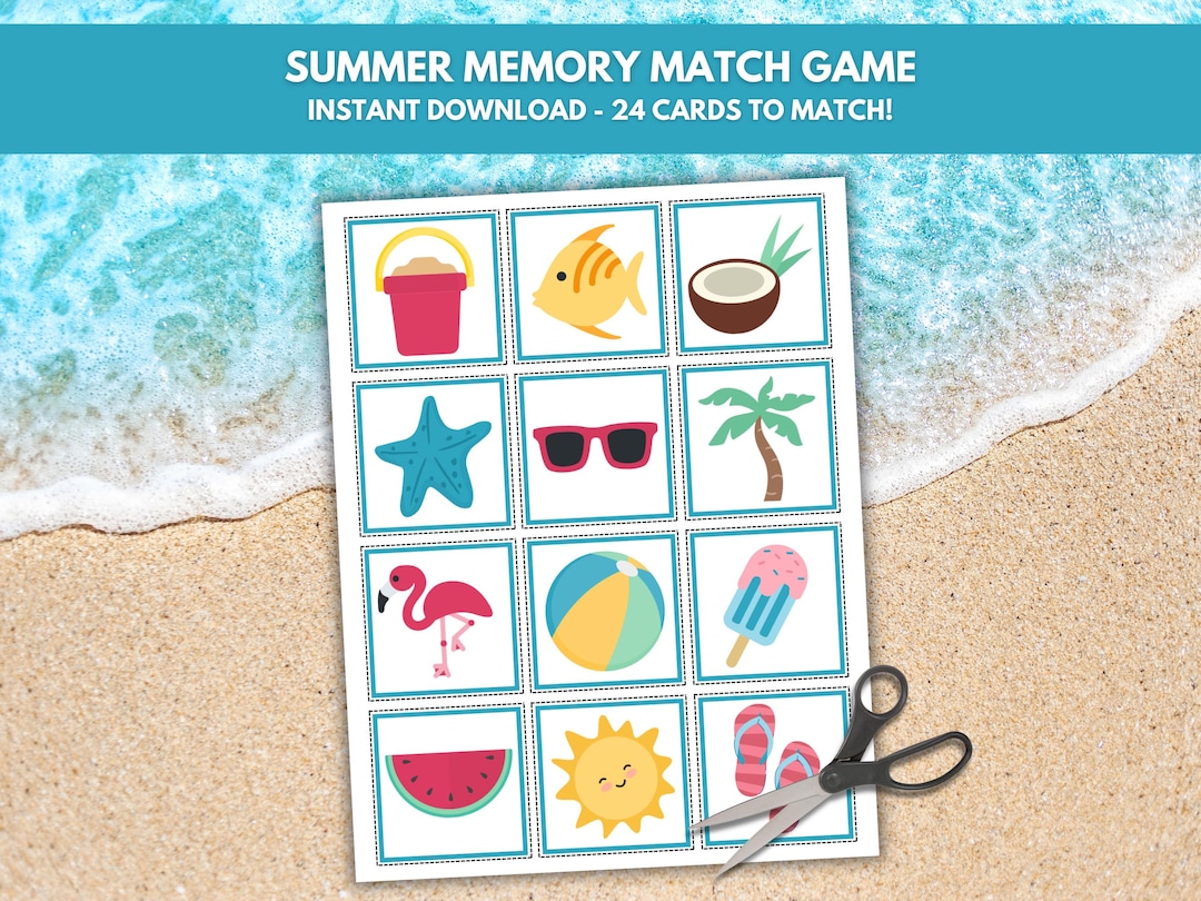 Summer Memory Game, Summer Matching Game, Beach Flash Cards, Summer ...
