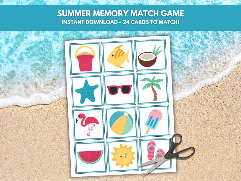 Summer Memory Game, Summer Matching Game, Beach Flash Cards, Summer ...
