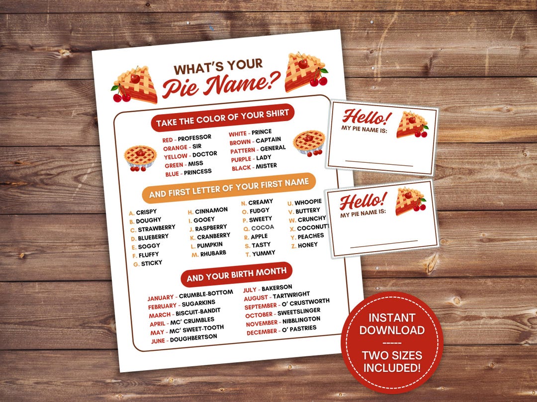 What's Your Pie Name Game + Name Tags, Pie Baking Contest, Pie Holiday ...