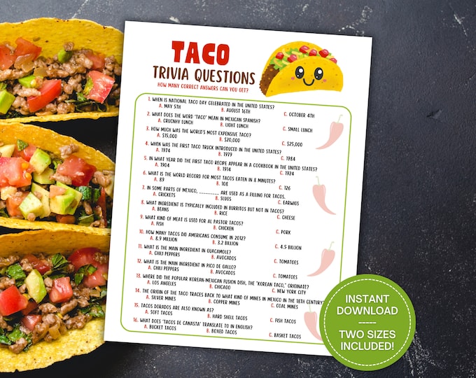 Taco Trivia Game, Cinco De Mayo Game, Printable Mexican Fiesta Party ...