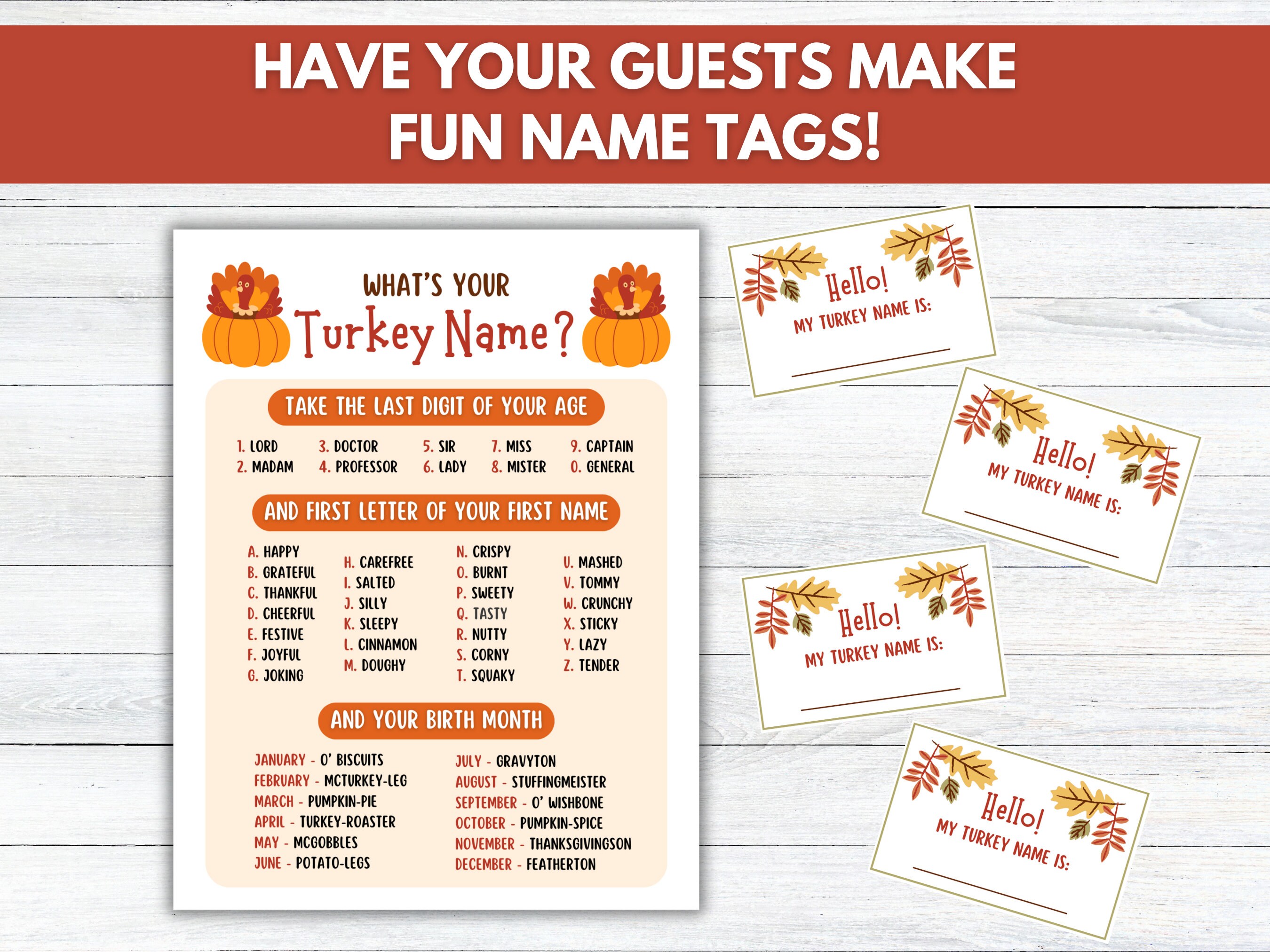 What's Your Turkey Name Game With Name Tags, Thanksgiving Game ...