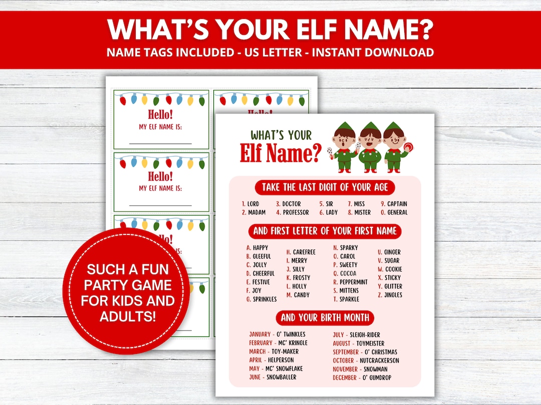 What's Your Elf Name Game With Name Tags, Christmas Game, Christmas ...