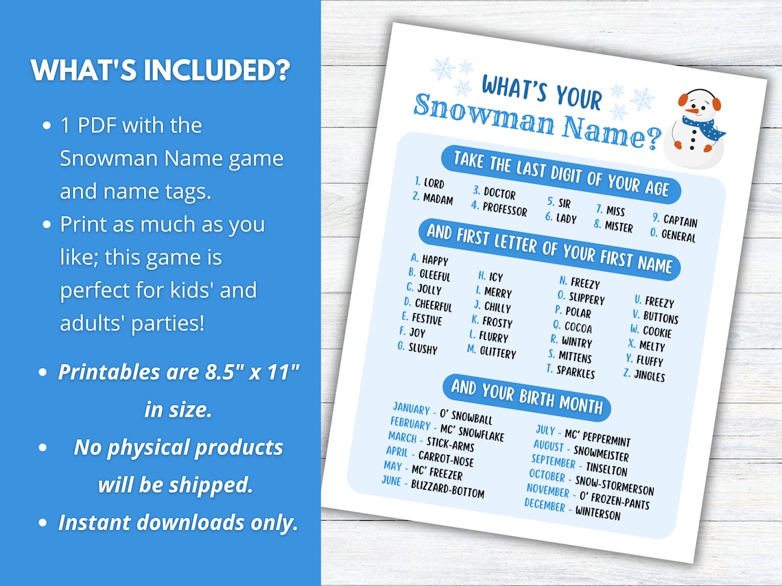 What's Your Snowman Name Game With Name Tags, Christmas Game, Christmas ...