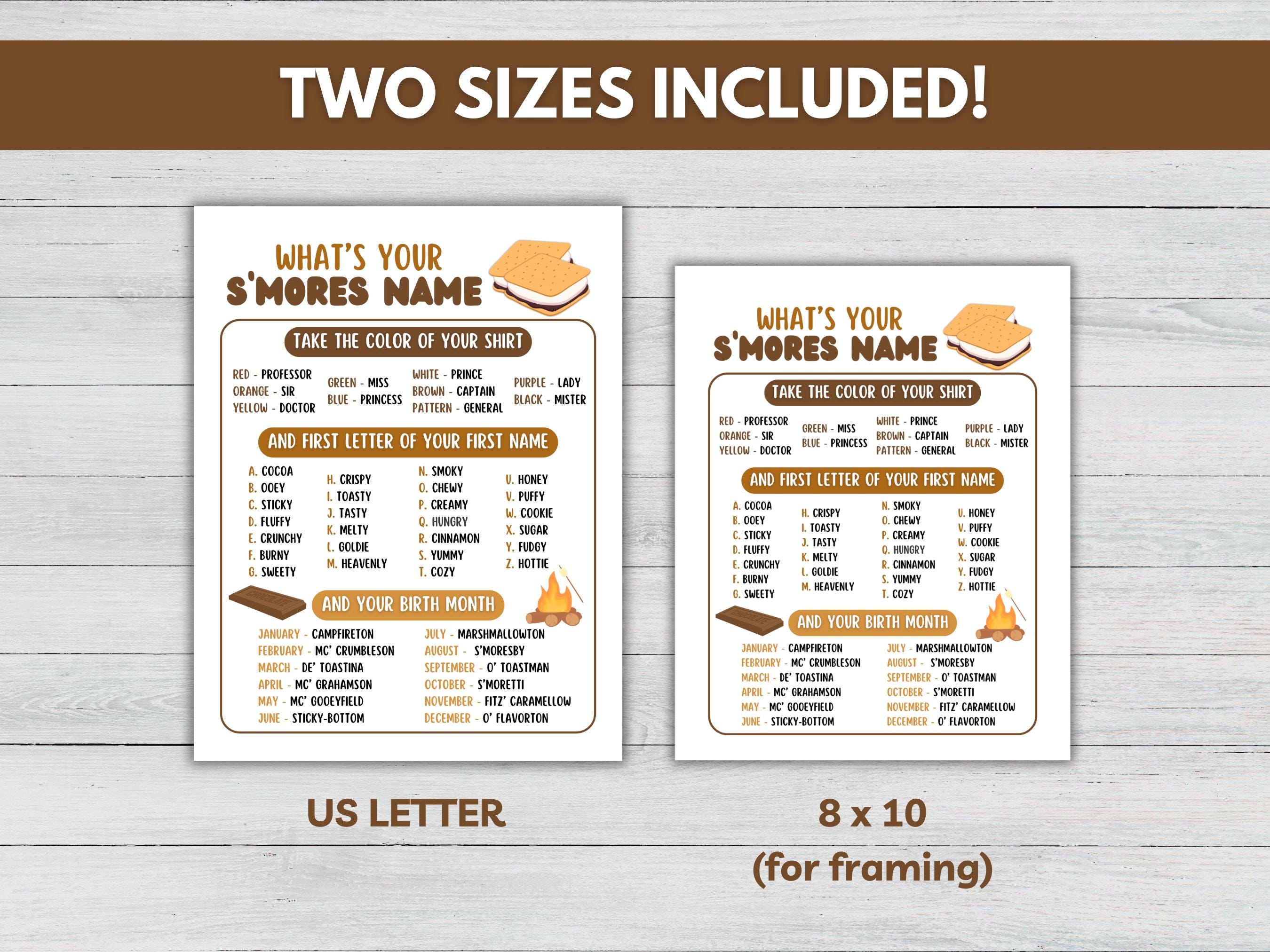 What's Your S'mores Name Game + Name Tags, Smores Party Game, Camping ...