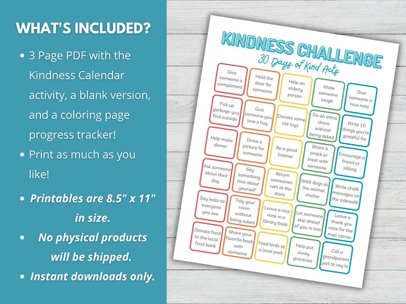 Acts of Kindness Calendar, Kindness Challenge, Kids Kindness Calendar ...