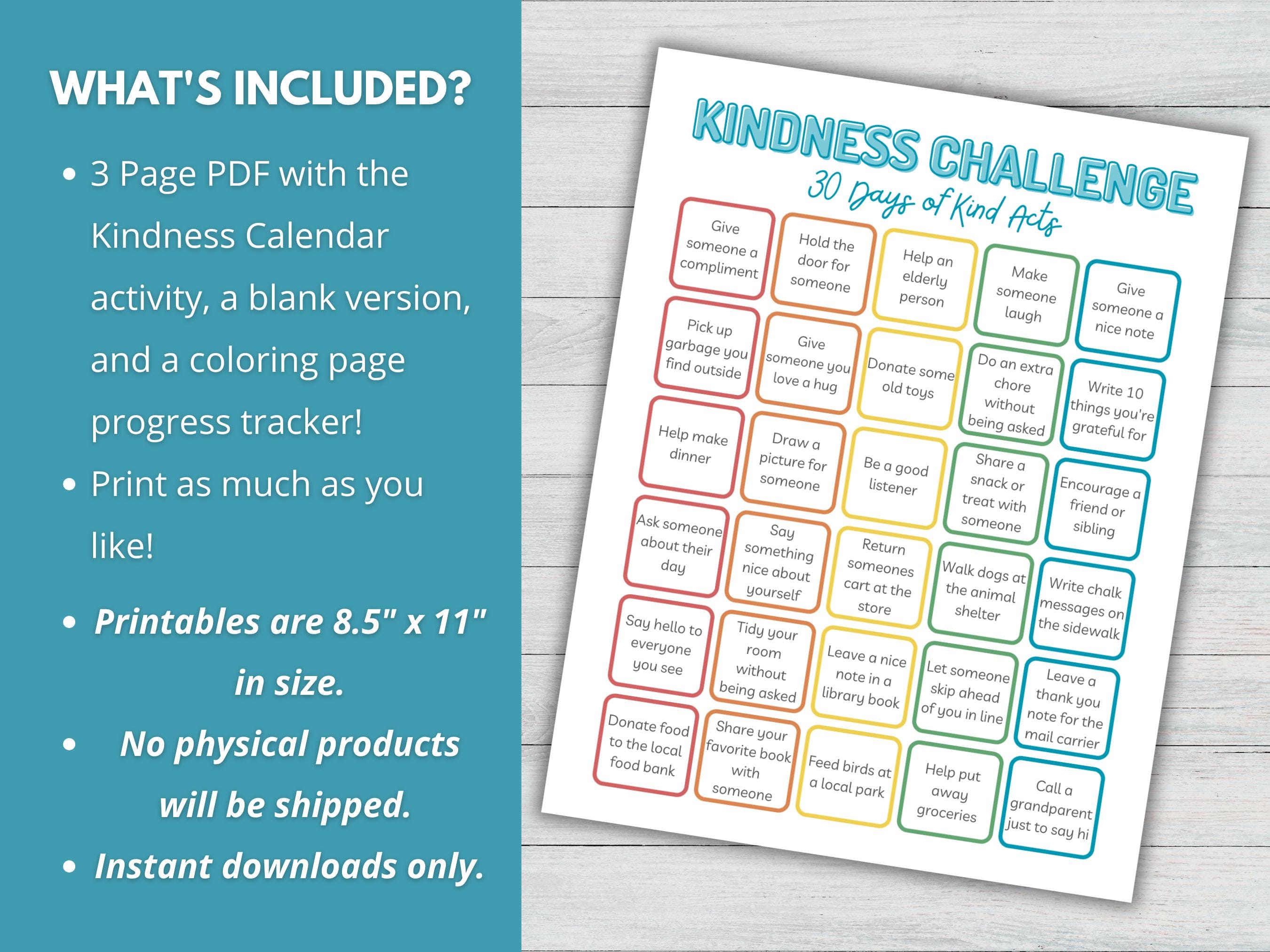 Acts of Kindness Calendar, Kindness Challenge, Kids Kindness Calendar ...