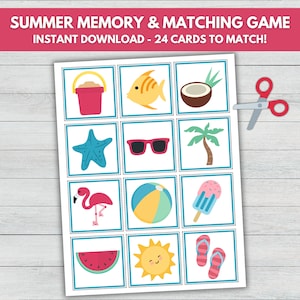 Summer Memory Game Printable, Matching Game, Beach Flash Cards, Summer ...