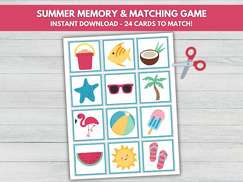 Summer Memory Game Printable, Matching Game, Beach Flash Cards, Summer ...