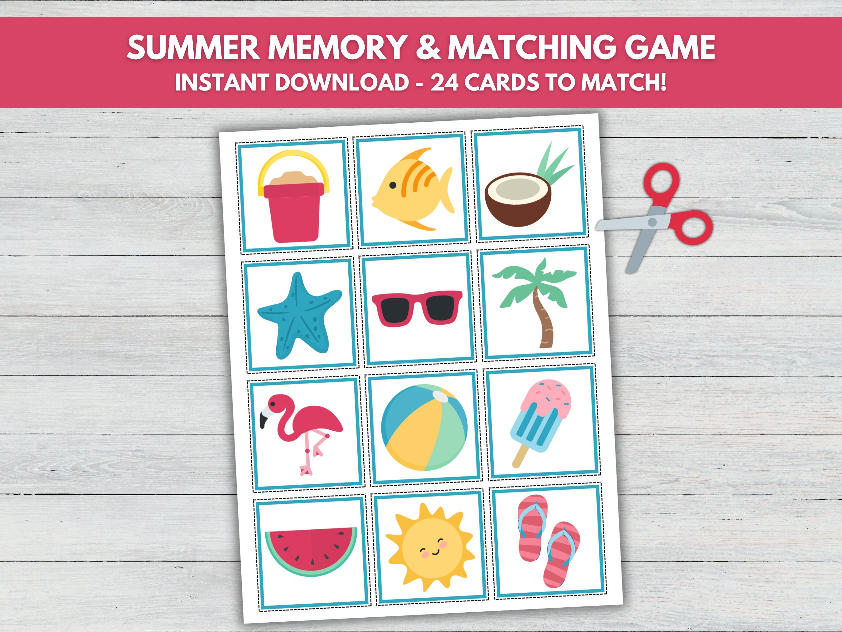 Summer Memory Game Printable, Matching Game, Beach Flash Cards, Summer ...