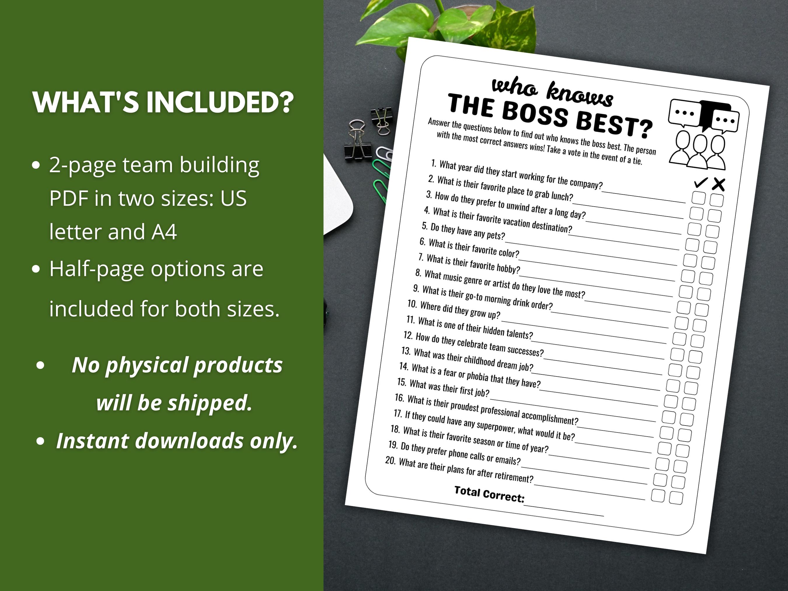 Who Knows the Boss Best Game, Printable Office Party Game, Boss Trivia ...