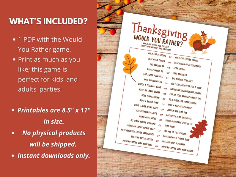Thanksgiving would you rather Game, Fall This or That, Printable ...